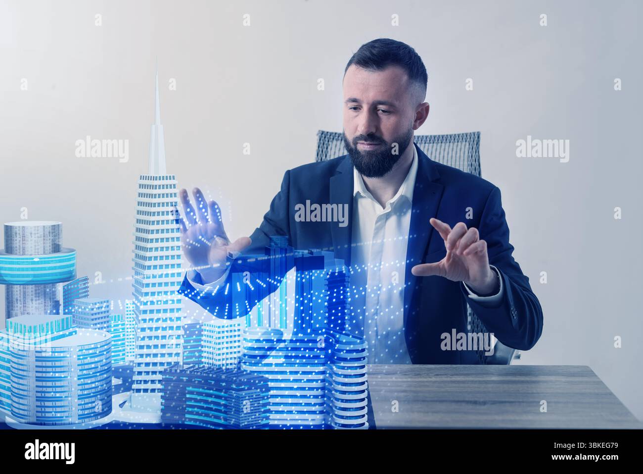 Building information modelling. Man using holographic projection of ...