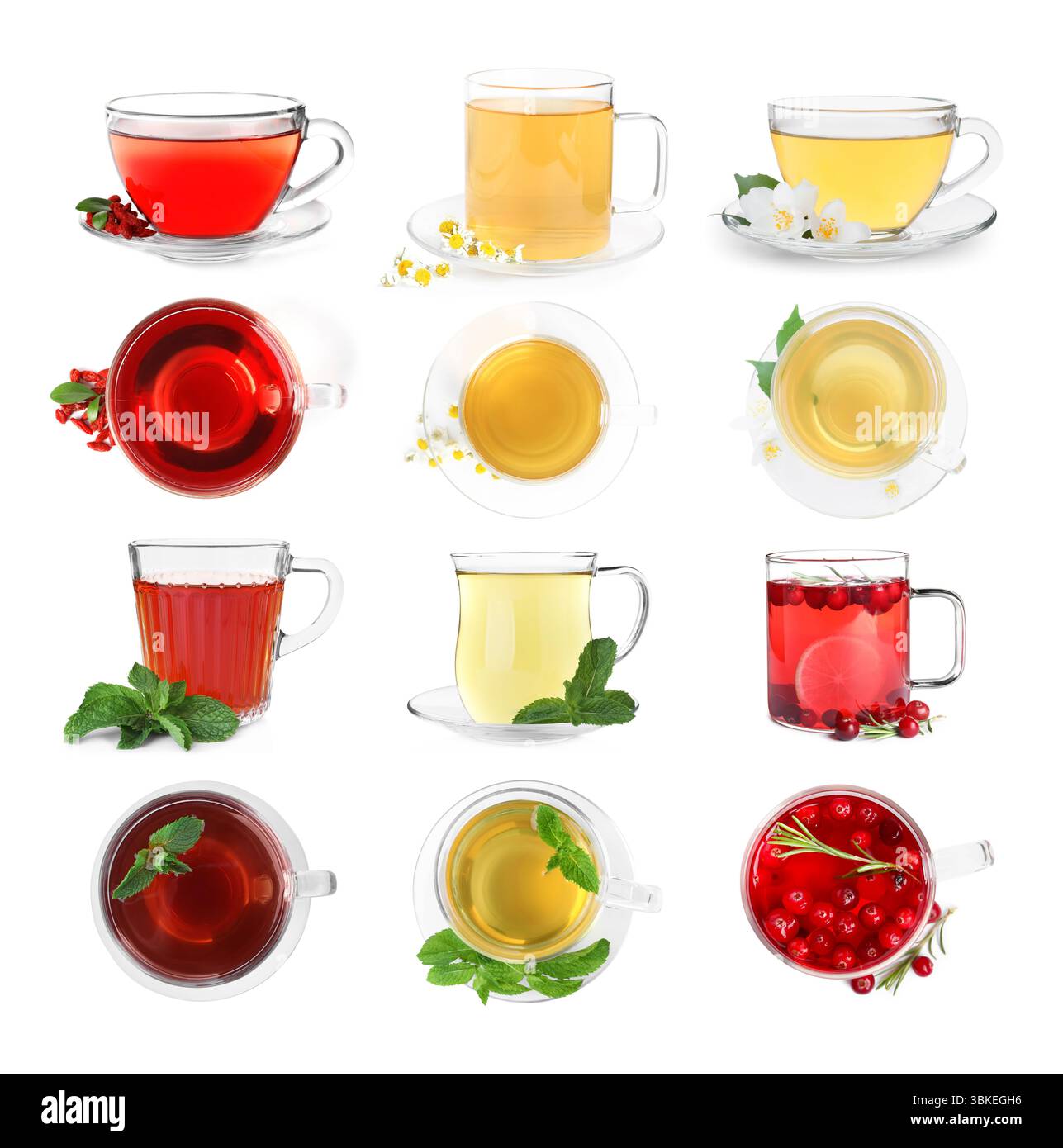 Different types of tea in glass cups isolated on white, set. Top and ...