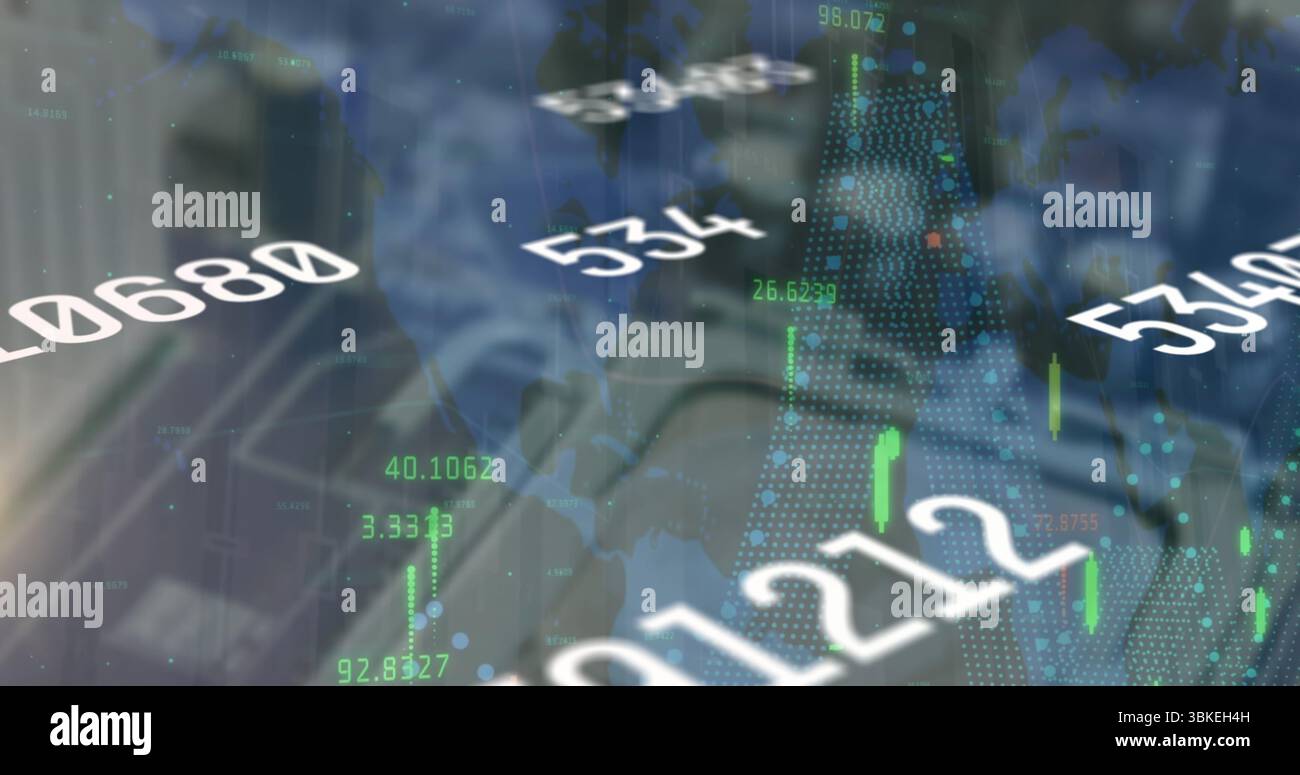 Displaying overlays at office desk, with digital numeric tickers, candlestick bars and grid ...