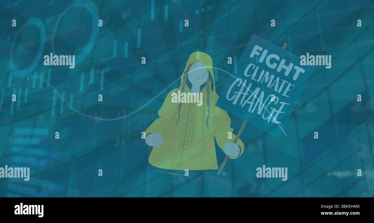 Faceless figure wearing yellow raincoat holding protest sign on digital ...