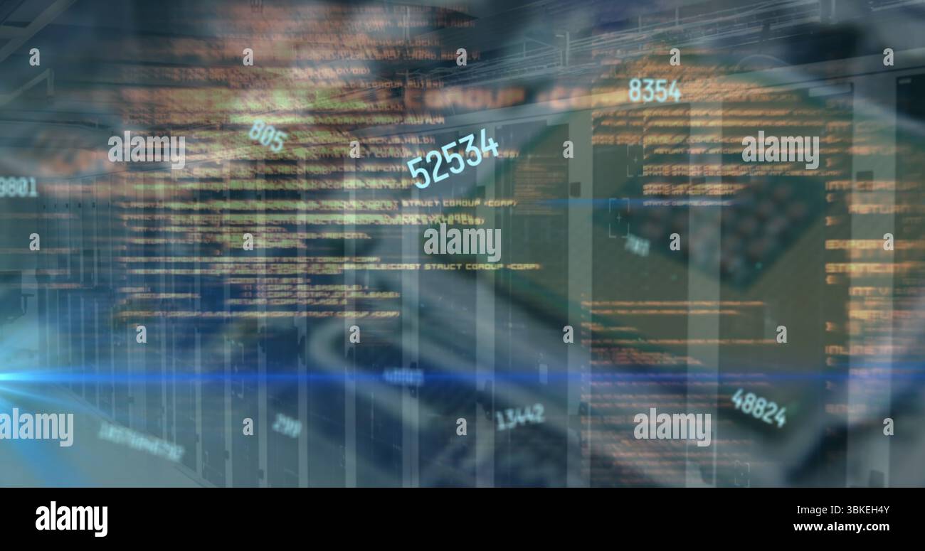 Floating programming code lines with glowing numeric readouts ...