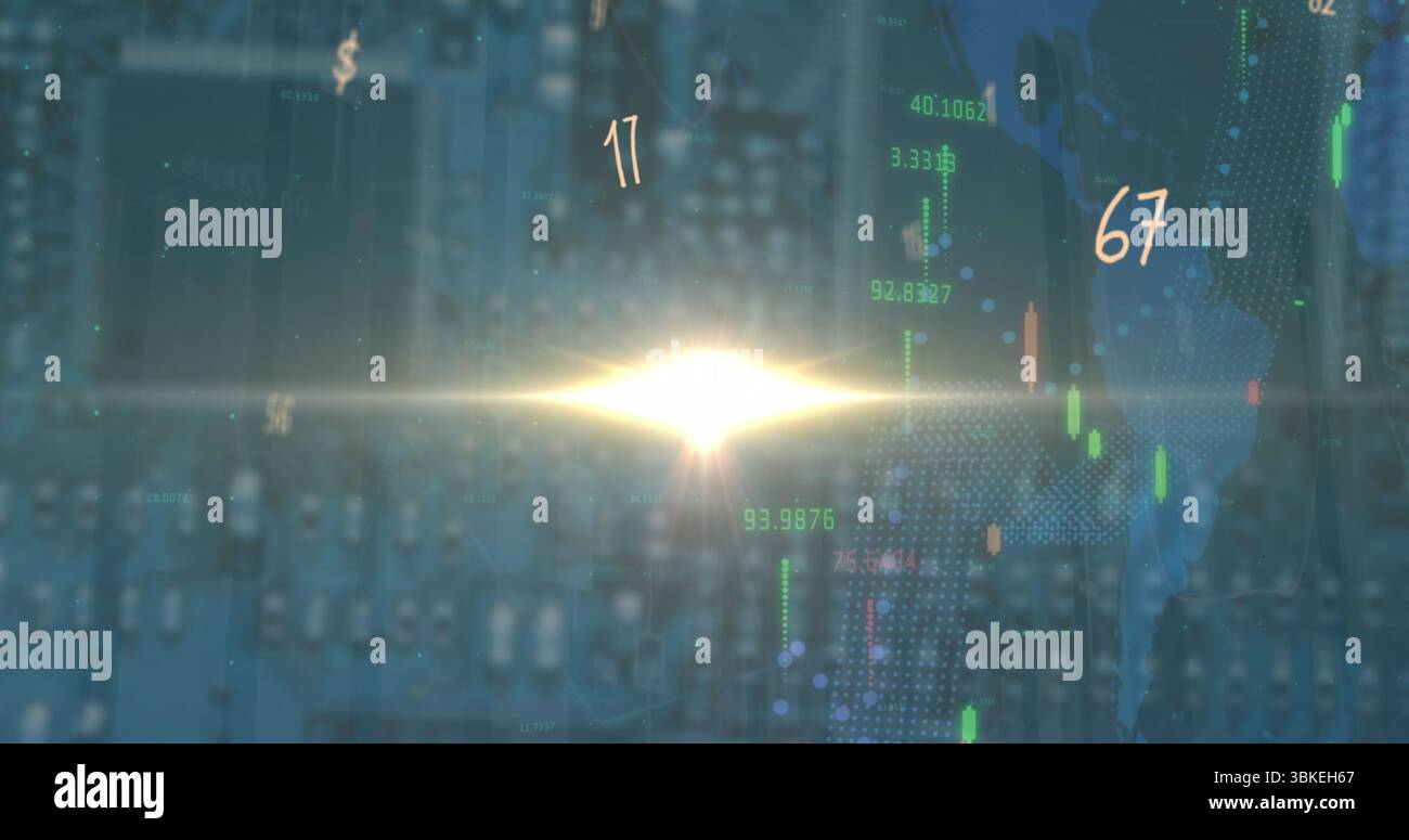 Glowing light burst overlaying circuit board grid, showing candlesticks ...