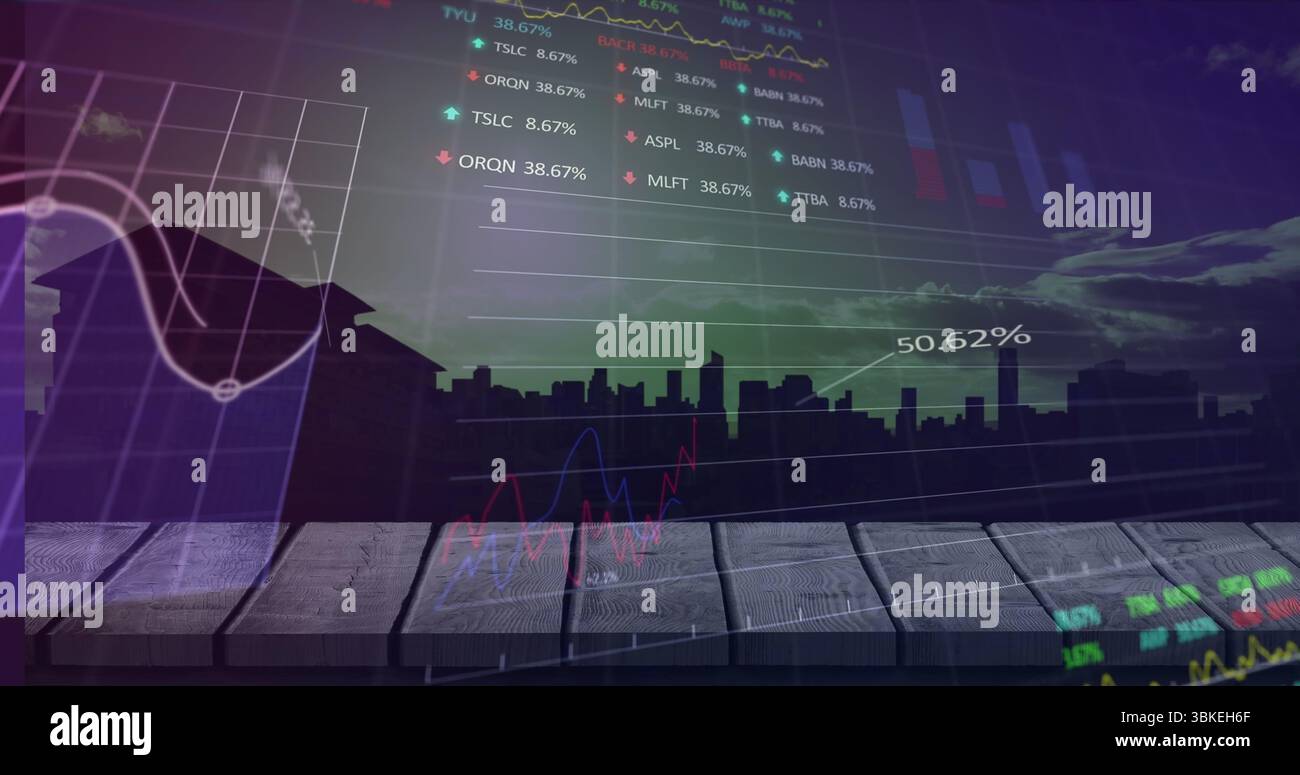 Displaying silhouetted city skyline overlaying line and bar charts on rooftop deck with tickers ...