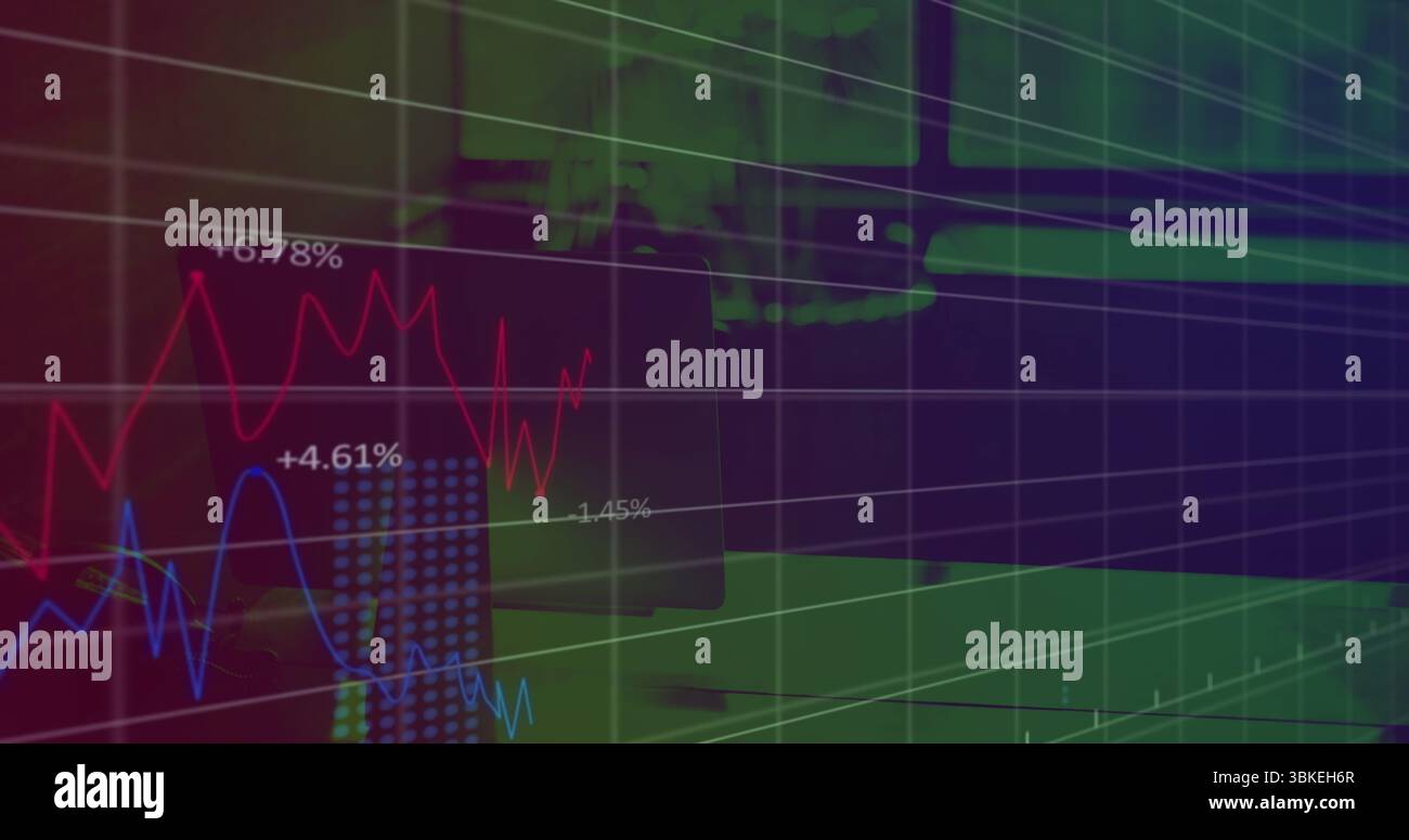 Displaying grid overlay and red blue line graph tracing trends at ...