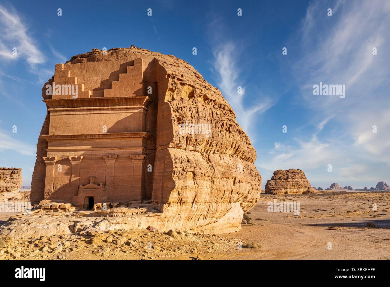 The Tomb of the Lion of Kuza at sunset, Nabataean carved sandstone ...
