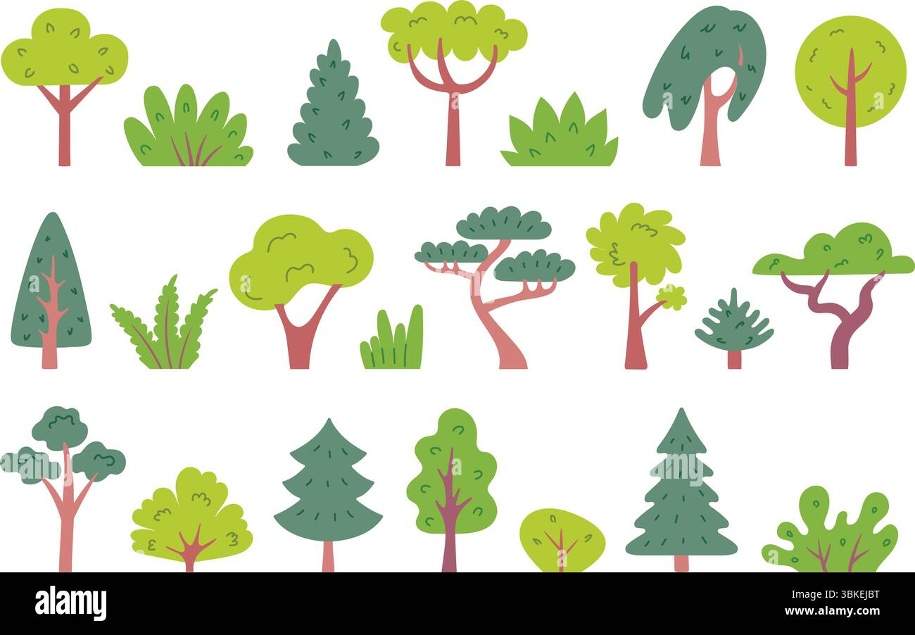 Trees and bushes. Simple deciduous and pine trees and shrubs. Cartoon ...