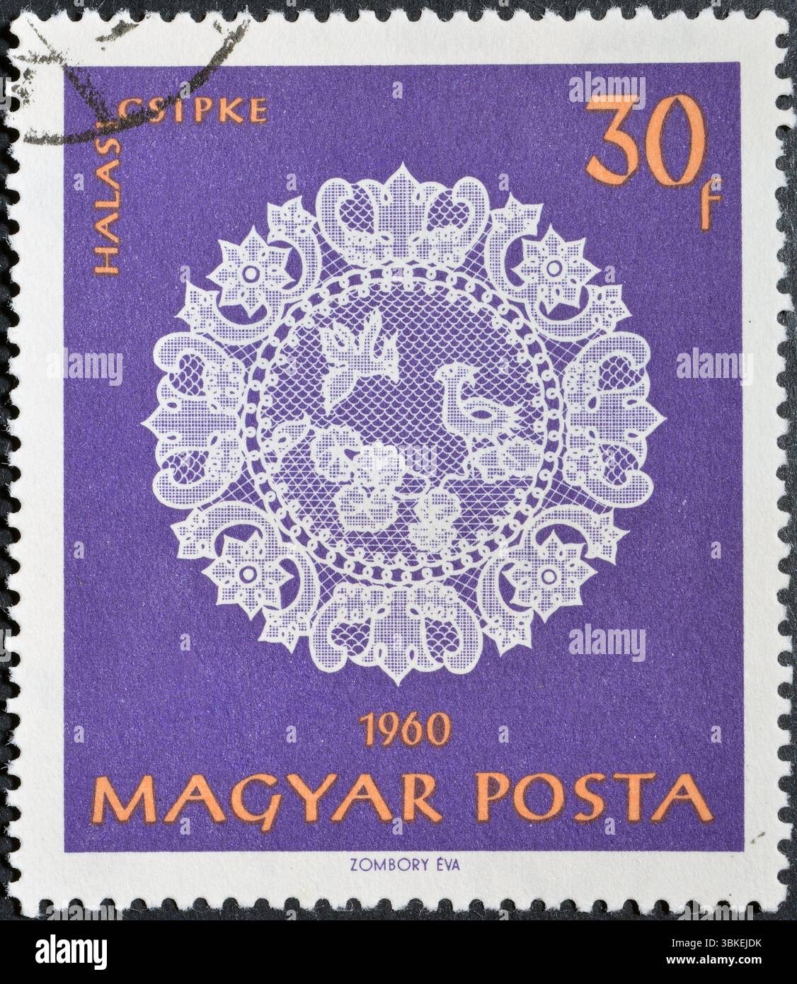Cancelled postage stamp printed by Hungary, that shows Halas Lace ...