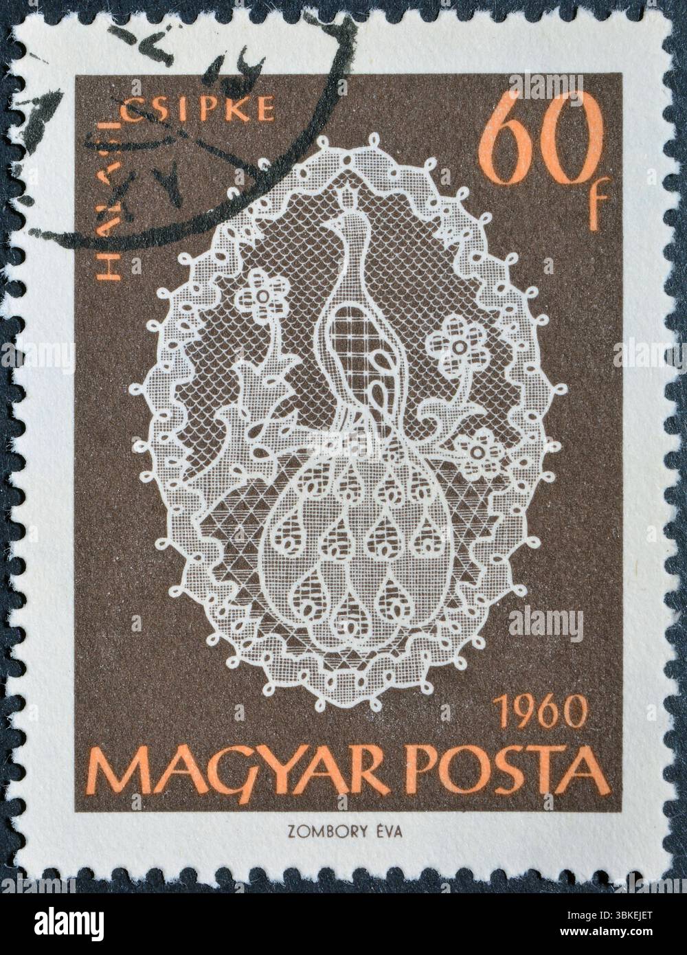 Cancelled postage stamp printed by Hungary, that shows Halas Lace ...
