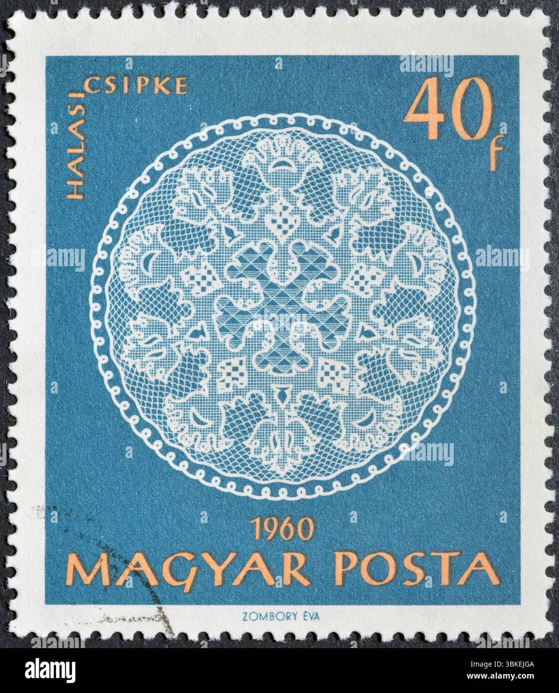 Cancelled postage stamp printed by Hungary, that shows Halas Lace ...