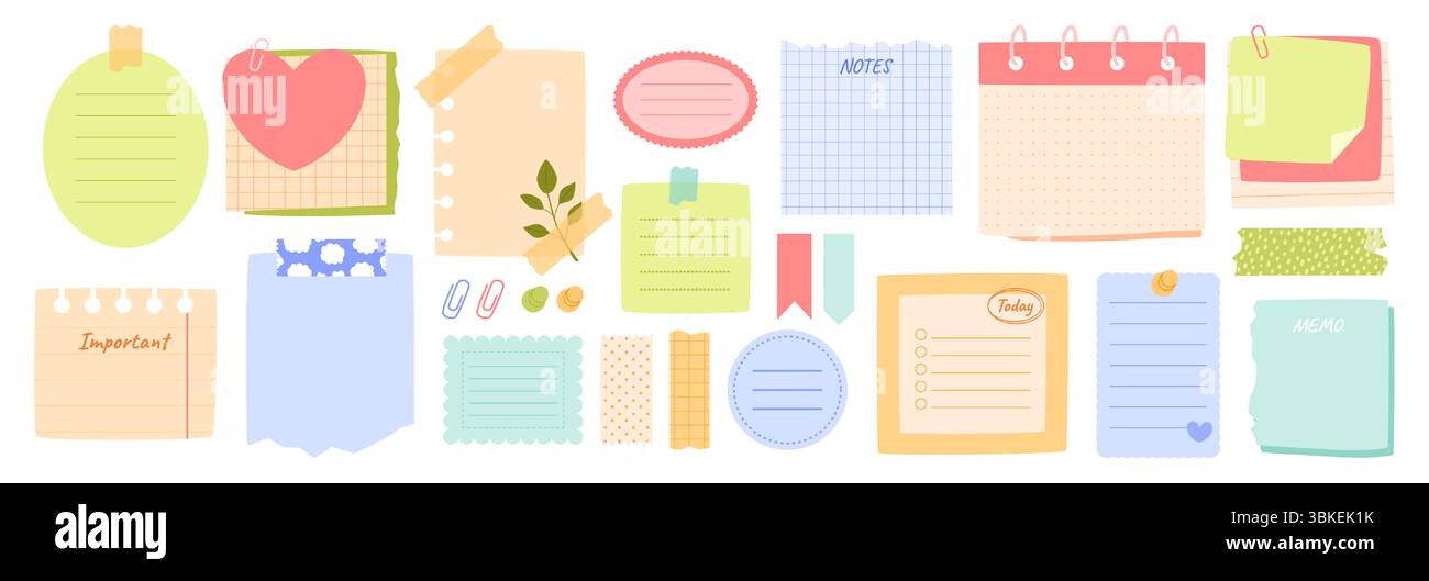 Cute paper notes. Doodle notebook sheets with torn edges, calendar and ...