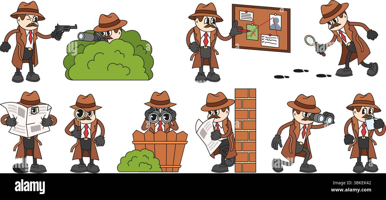 Cartoon detective character. Spy with gun, camera and binocular ...