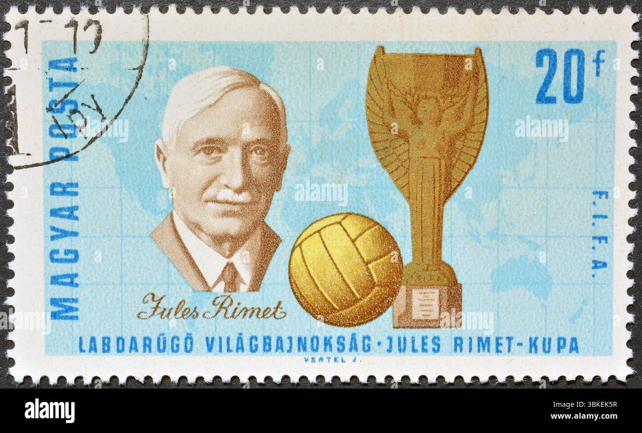 Cancelled postage stamp printed by Hungary, that shows Jules Rimet ...