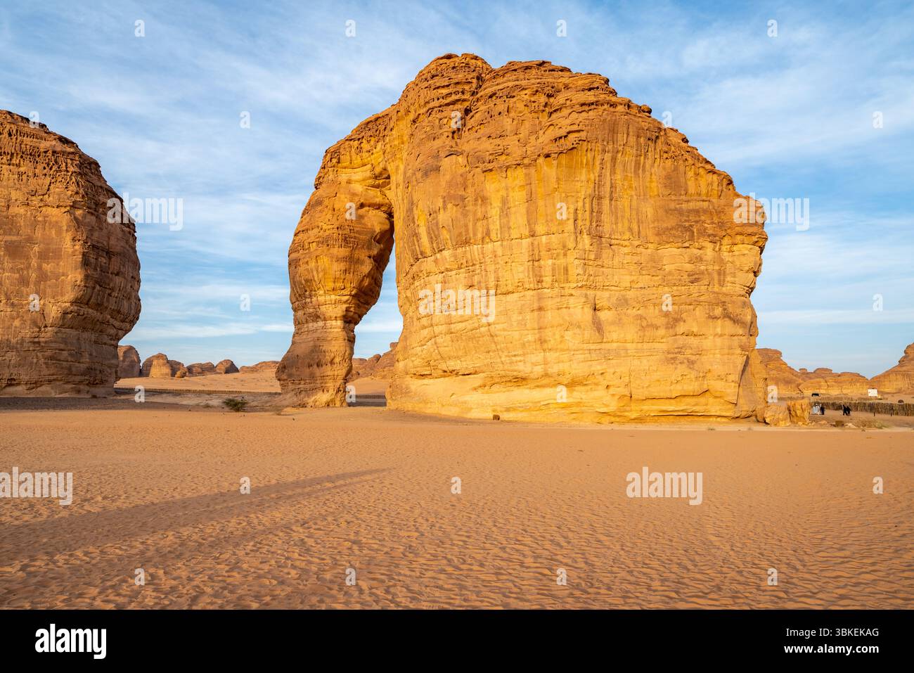 The panoramic desert landscape of AlUla at sunset, frames the Elephant ...