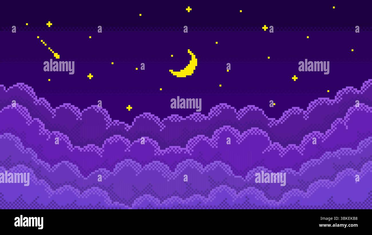 Pixel art starry night sky. Pixelated cloudy skyscape with 8 bit shiny twinkling stars, new moon ...
