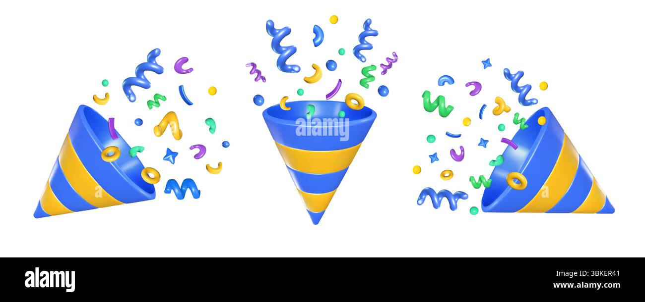 Party popper 3d icon. Birthday confetti explosion from striped cone ...