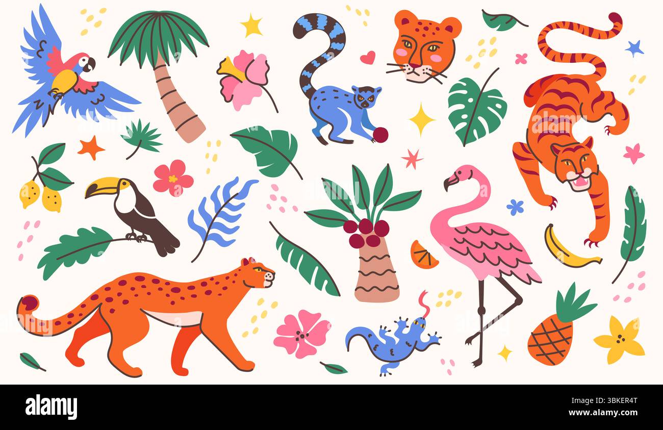 Tropical animals and plants doodles. Jungle wildlife cartoon tiger ...