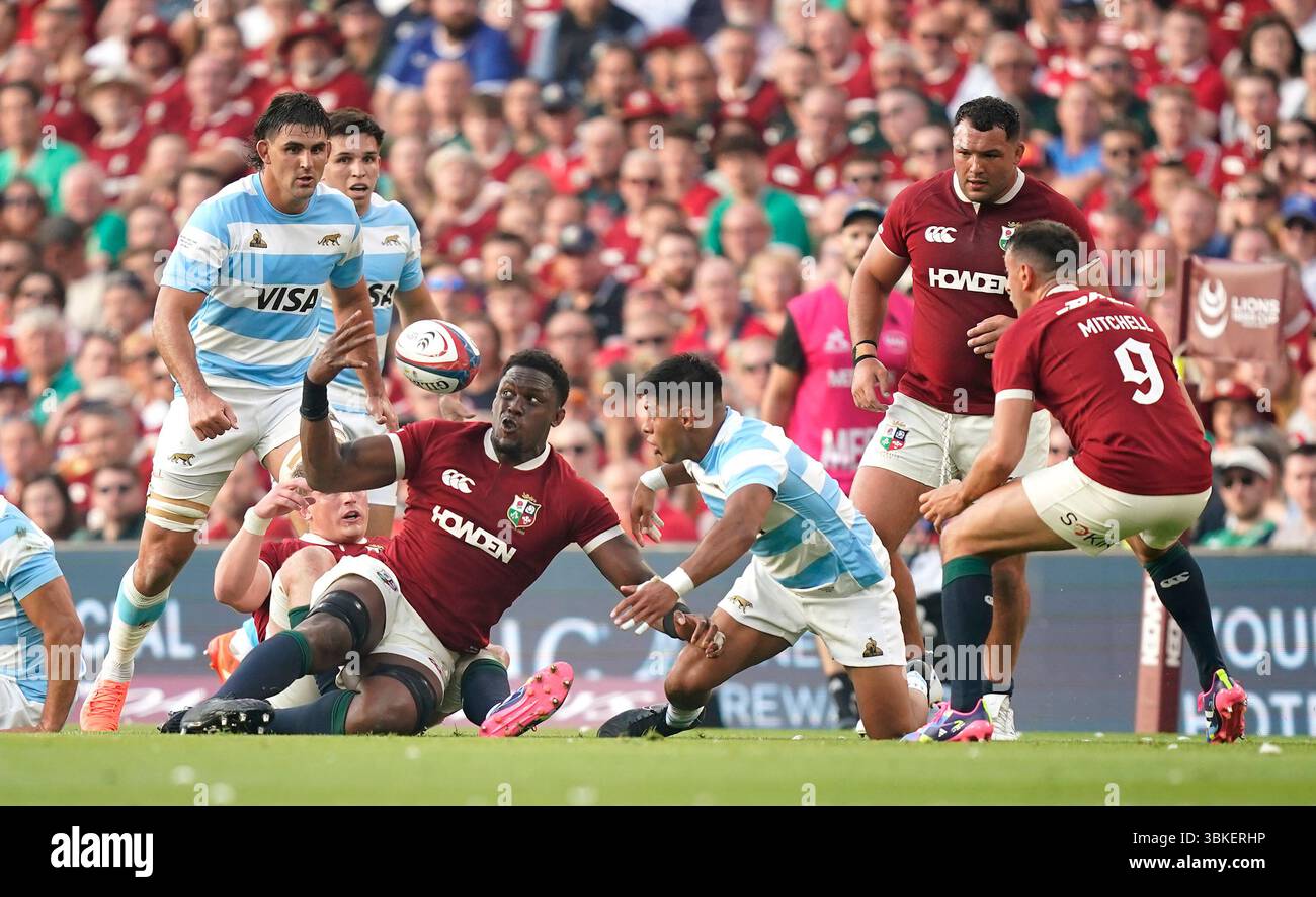 British and Irish Lions' Maro Itoje attempts to control the ball during ...