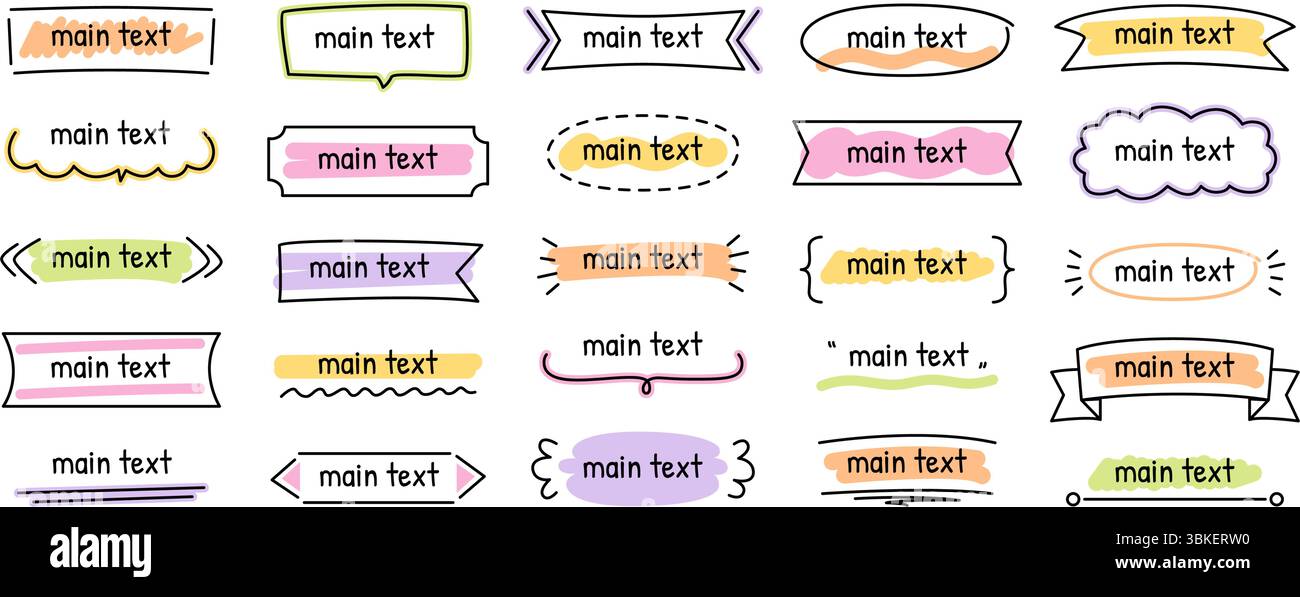 Doodle title box. Hand drawn text label frames, decorative highlighted ...