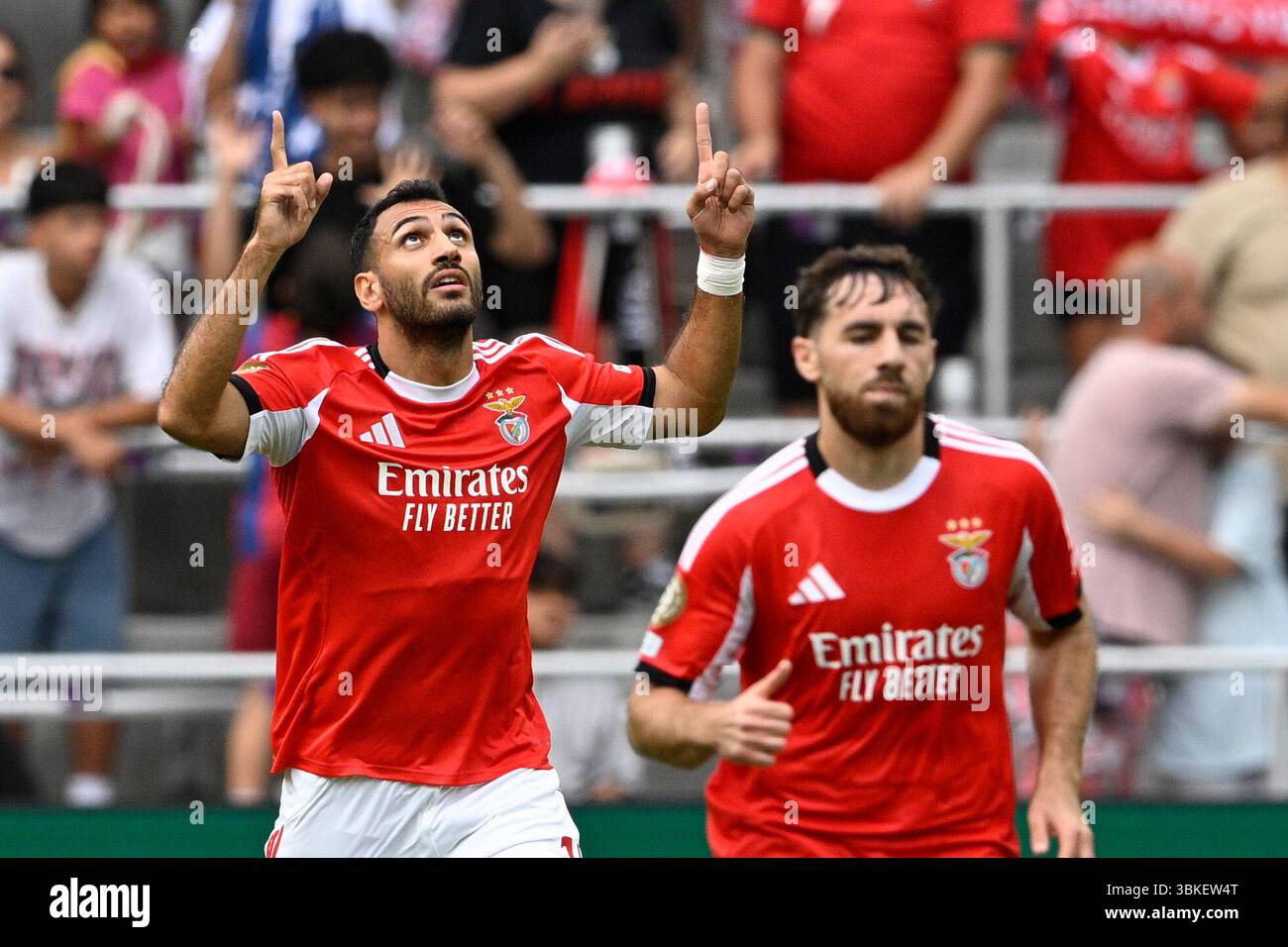 Benfica's Vangelis Pavlidis, left, celebrates his side's first goal ...