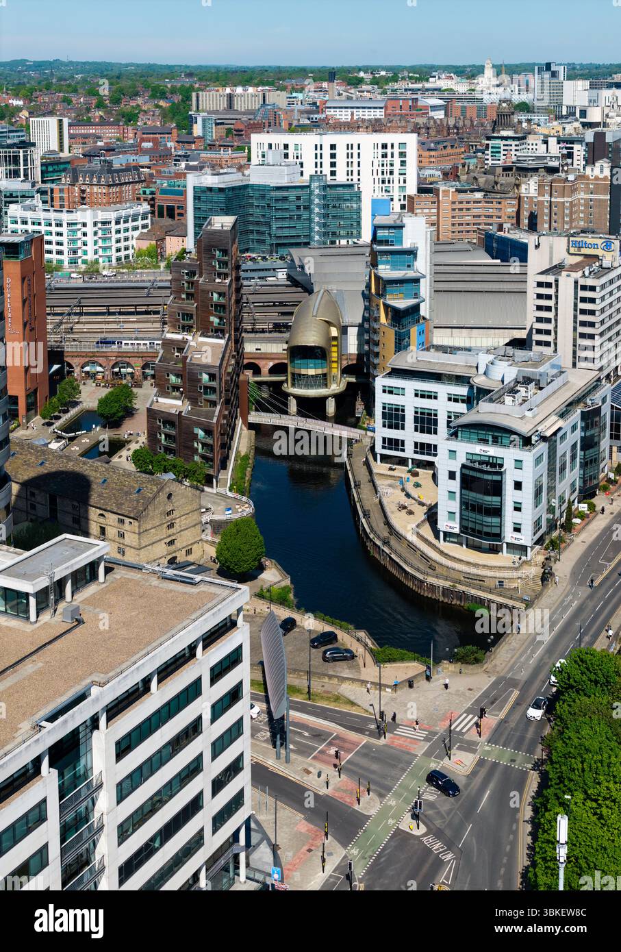 GRANARY WHARF, LEEDS, UK - MAY 1, 2025. Aerial vertical view of the ...