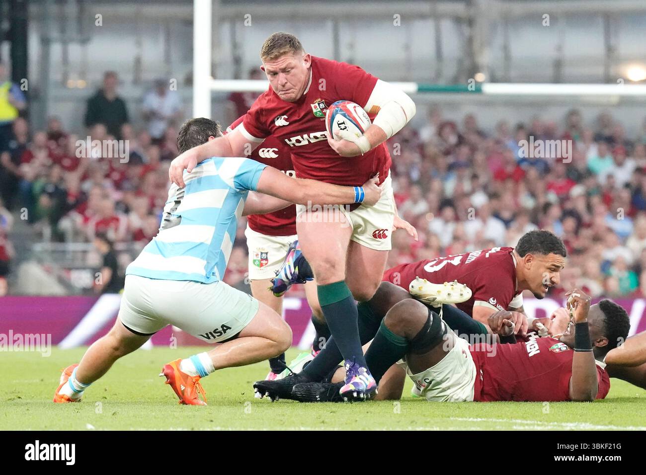 British and Irish Lions' Tadhg Furlong is tackled by Argentina's Julian ...