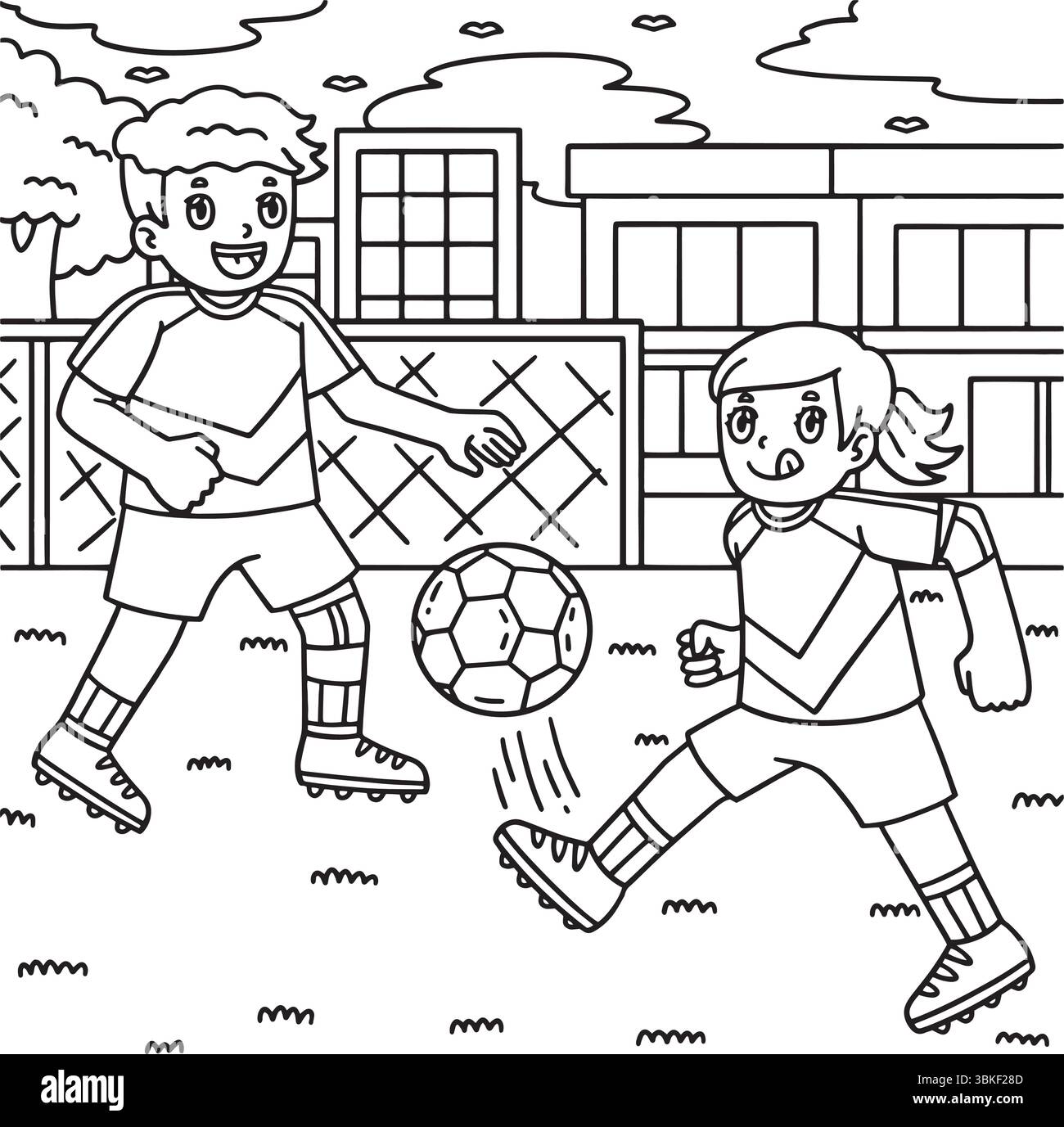School Yard Children Playing Soccer Coloring Page Stock Vector Image ...