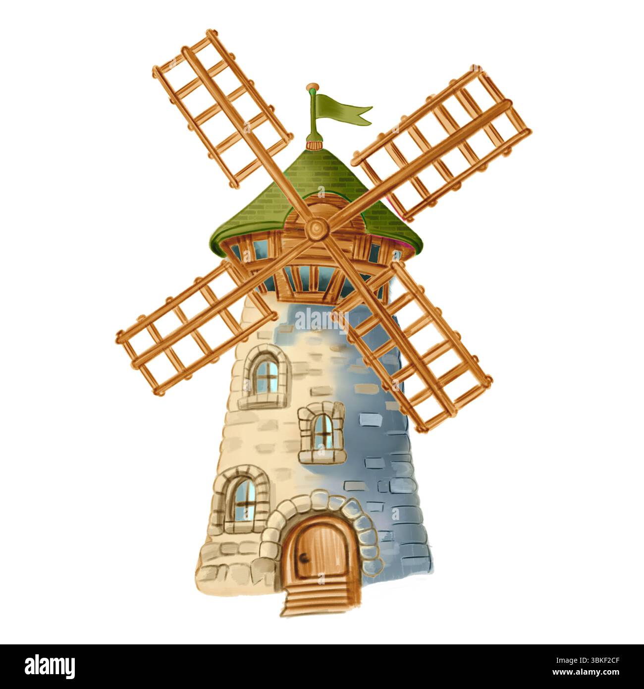 Watercolor illustration of an old-fashioned windmill with wooden blades ...