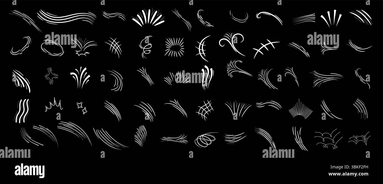 Comic line sparkle and movement elements set. Hand-drawn black ink ...