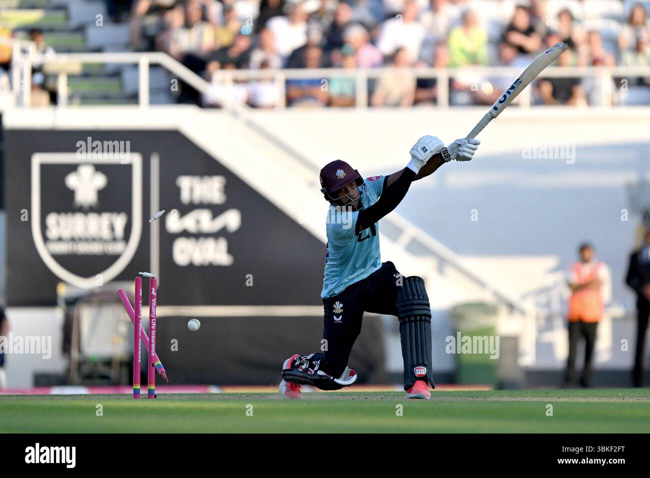 London, England, 20th June, 2025: Chris Jordan of Surrey is bowled ...