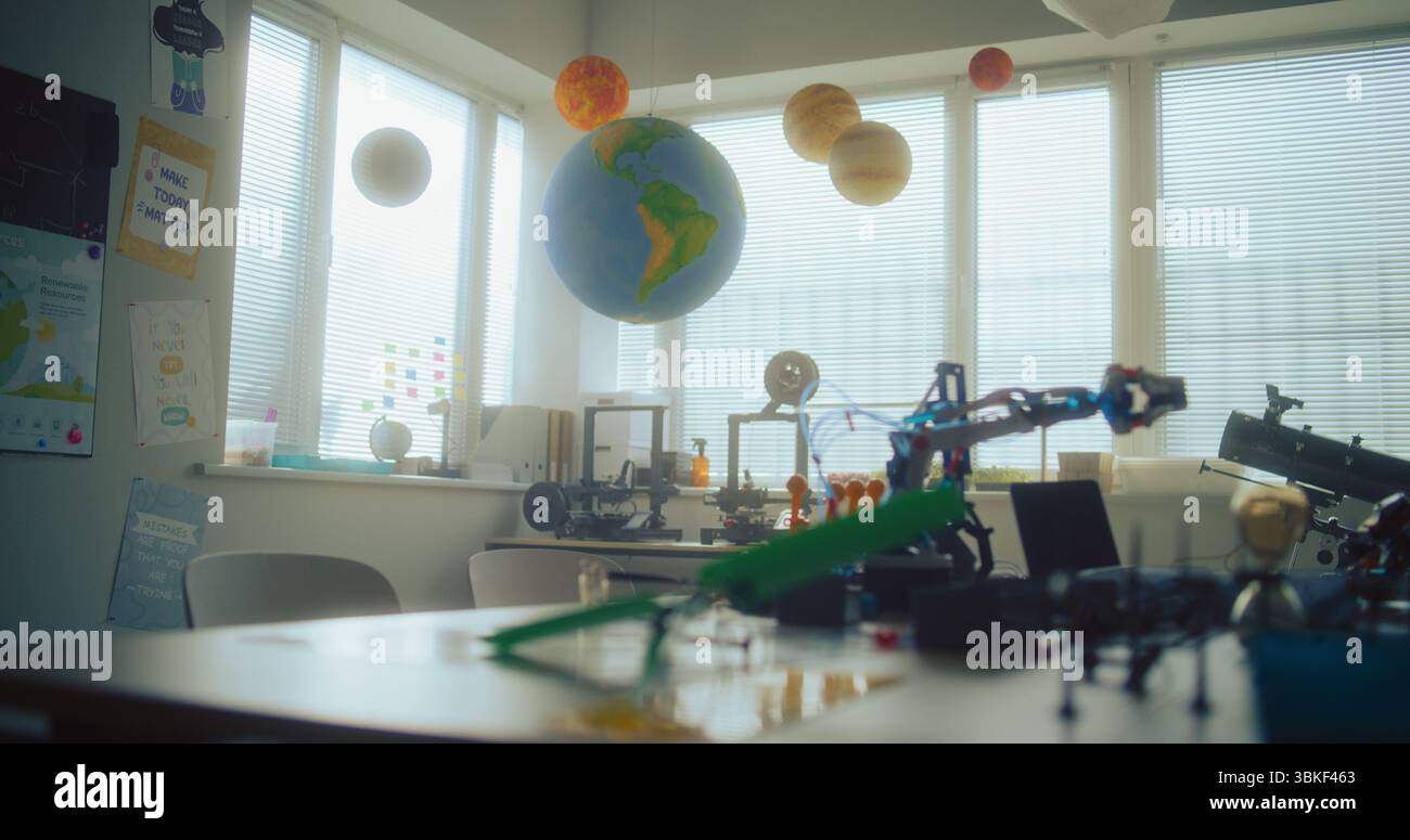 STEM Classroom with Solar System Models, 3D Printers, Robotic Arms and ...