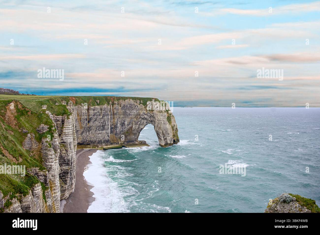 Aerial view of Etretat cliff arch and ocean waves in Normandy Stock ...