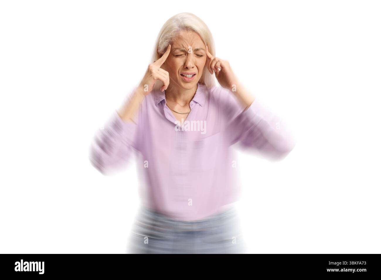 Young woman feeling dizzy and suffering from headache isolated on white ...