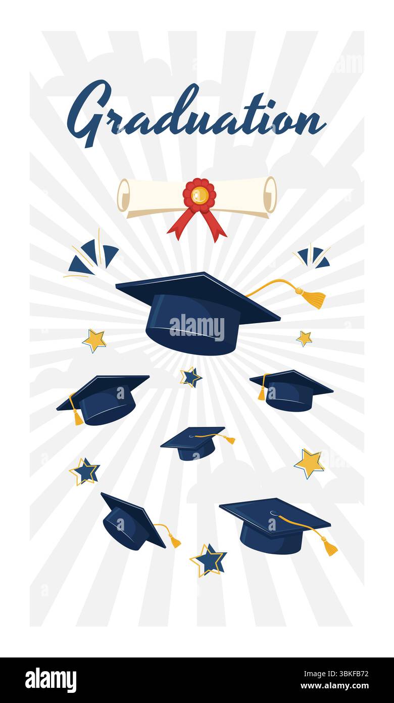Graduation Caps, Hats and Diploma with Stars on Light Radial Background ...
