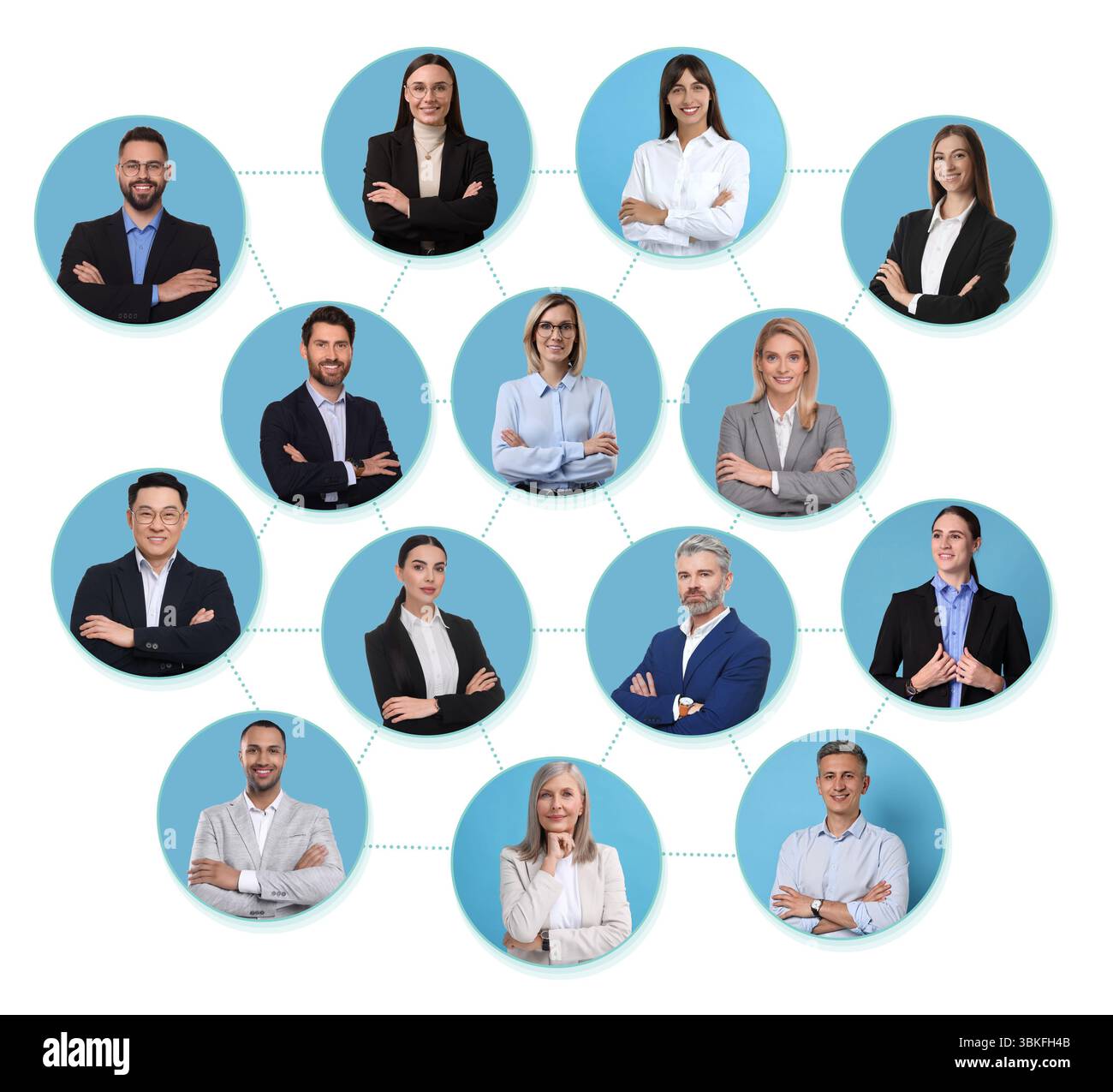Network: business, communication, team. Circles with portraits of ...