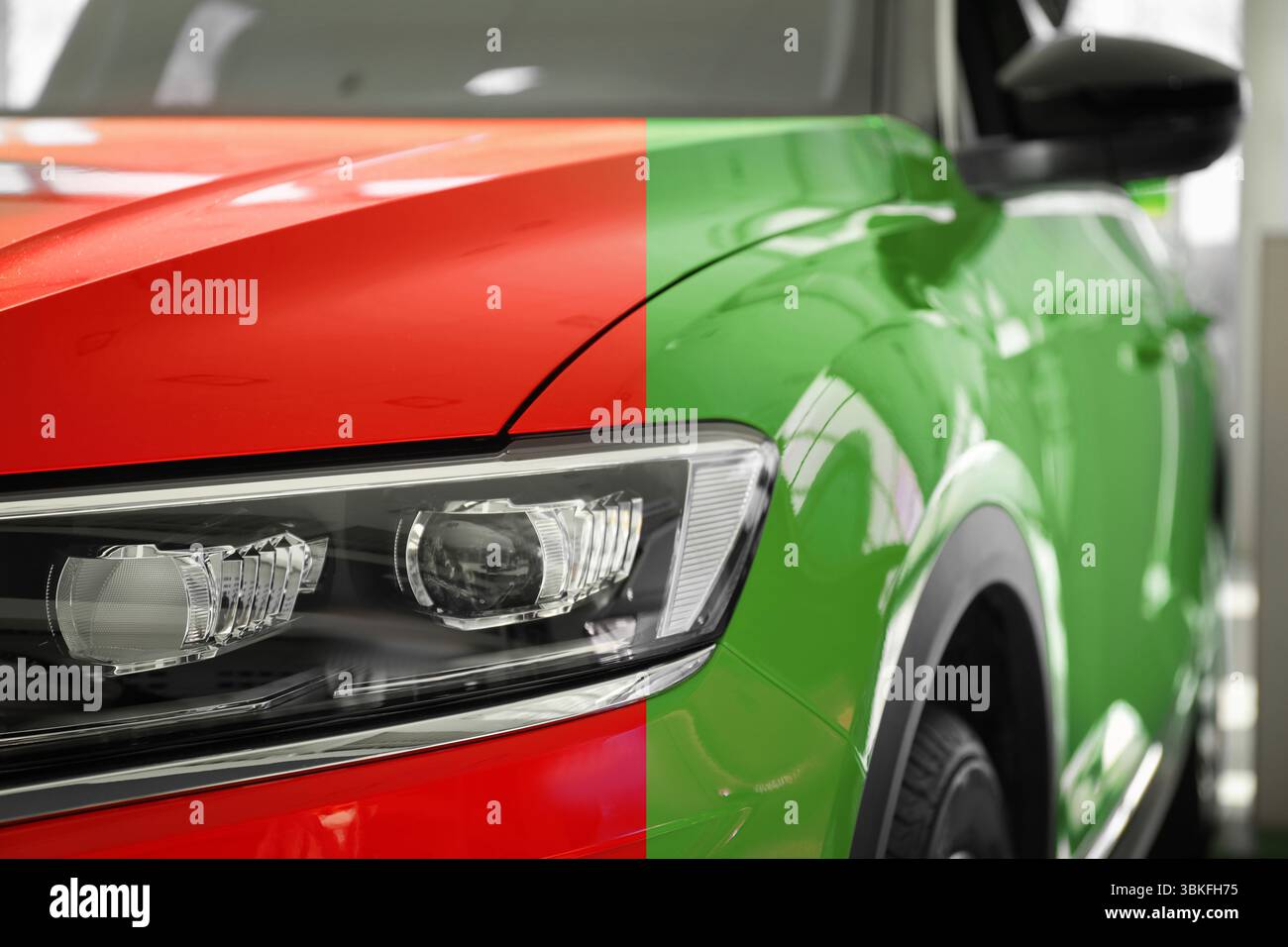Modern red auto before and green after painting, closeup. Comparative ...