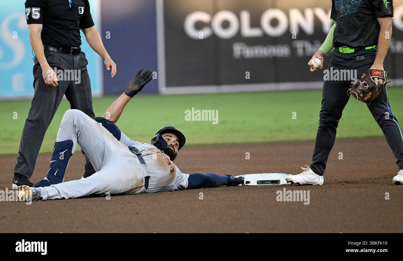 Detroit Tigers' Riley Greene reaches second base on his single after a ...