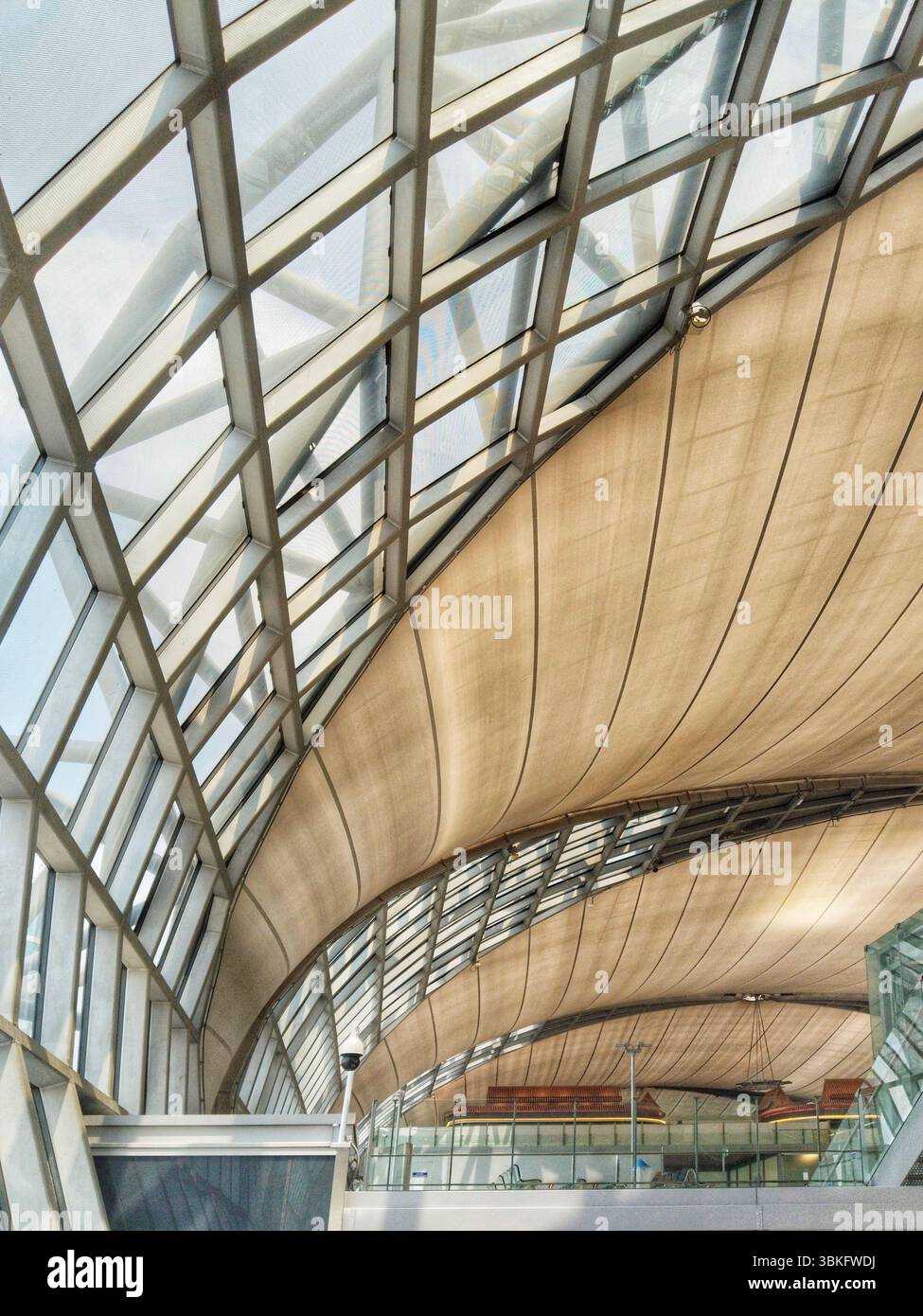 the intricate architecture of a modern airport terminal, focusing on ...
