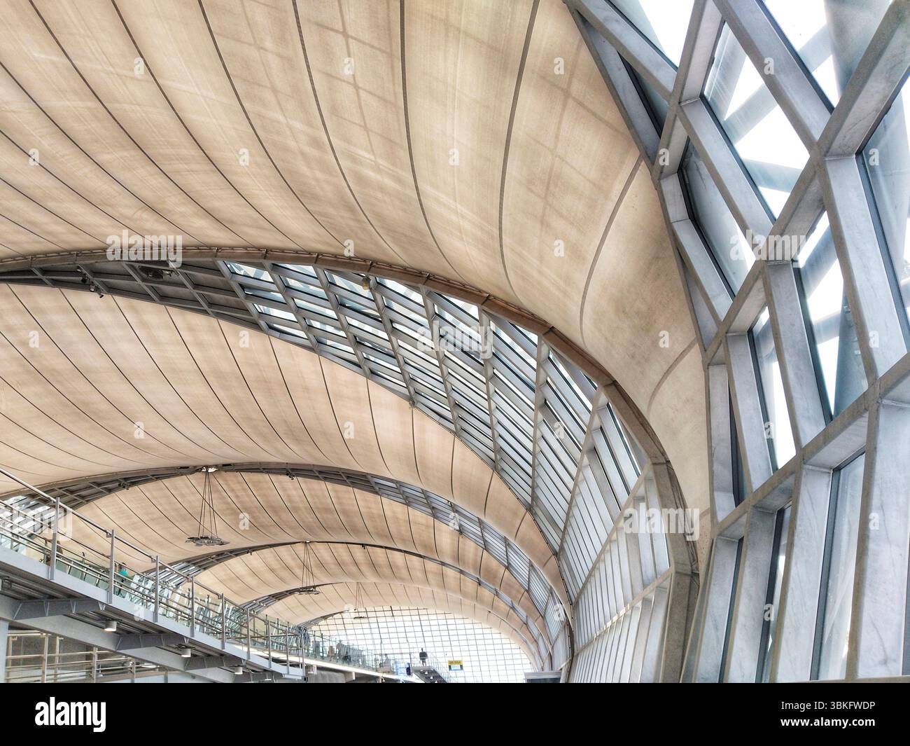 the intricate architecture of a modern airport terminal, focusing on ...