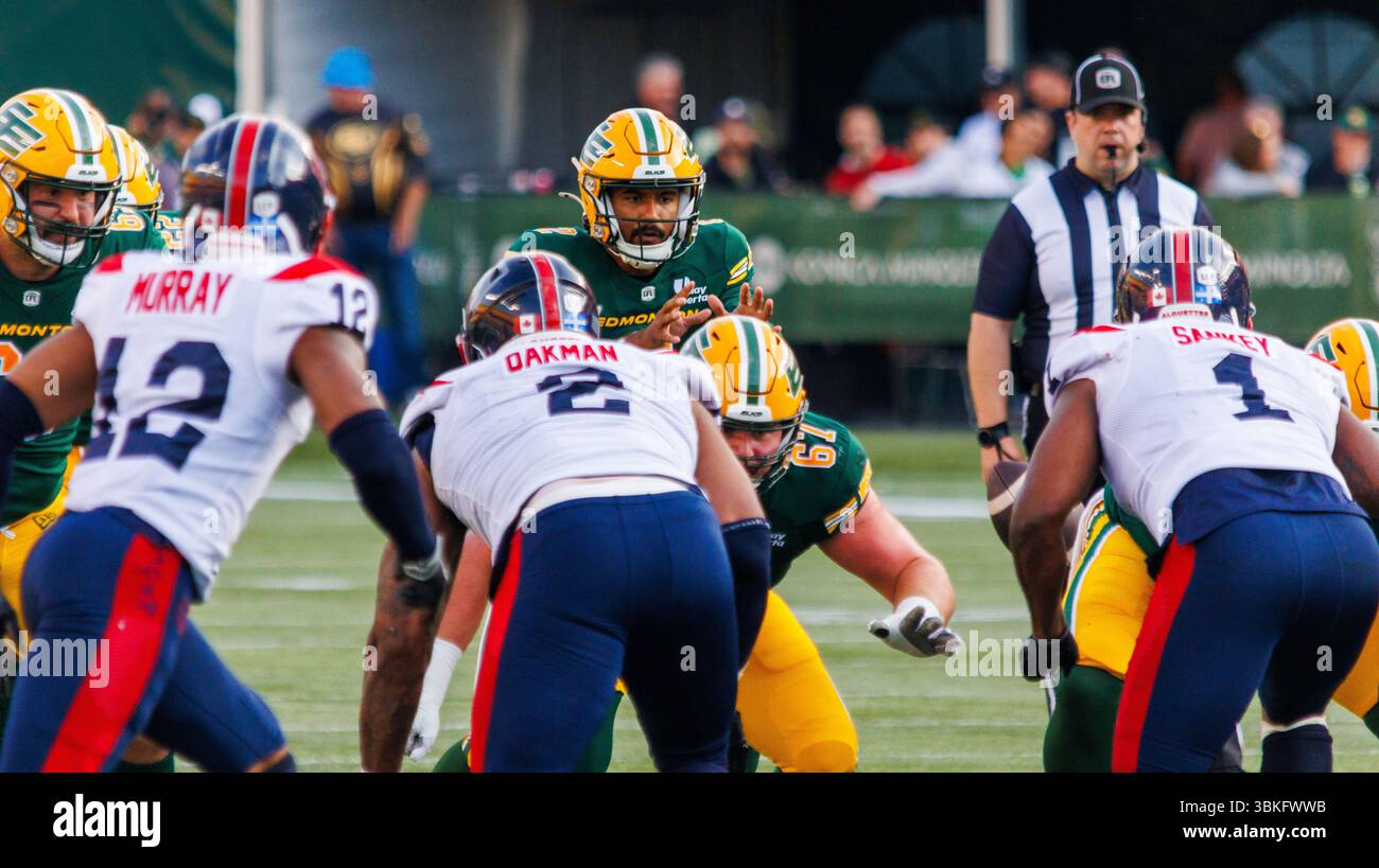 Edmonton, Canada. 19th June, 2025. Edmonton's Tre Ford (QB) sets for ...