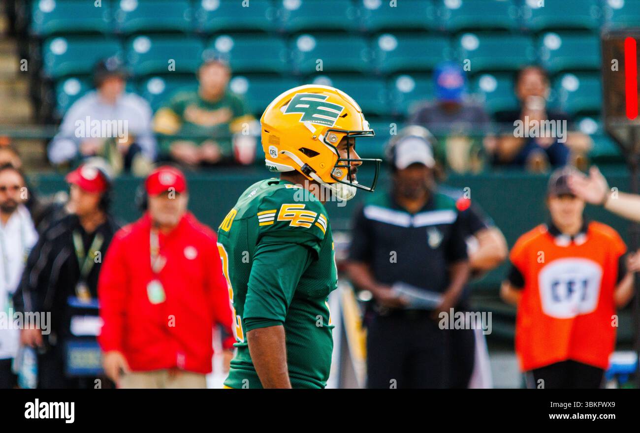 Edmonton, Canada. 19th June, 2025. Edmonton's Tre Ford (QB) looks over ...