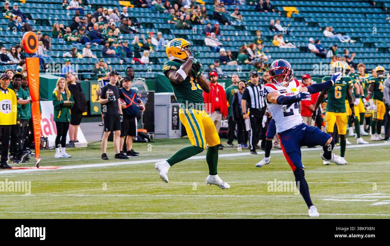 Edmonton, Canada. 19th June, 2025. Edmonton's Kurleigh Gittens jr.(WR ...