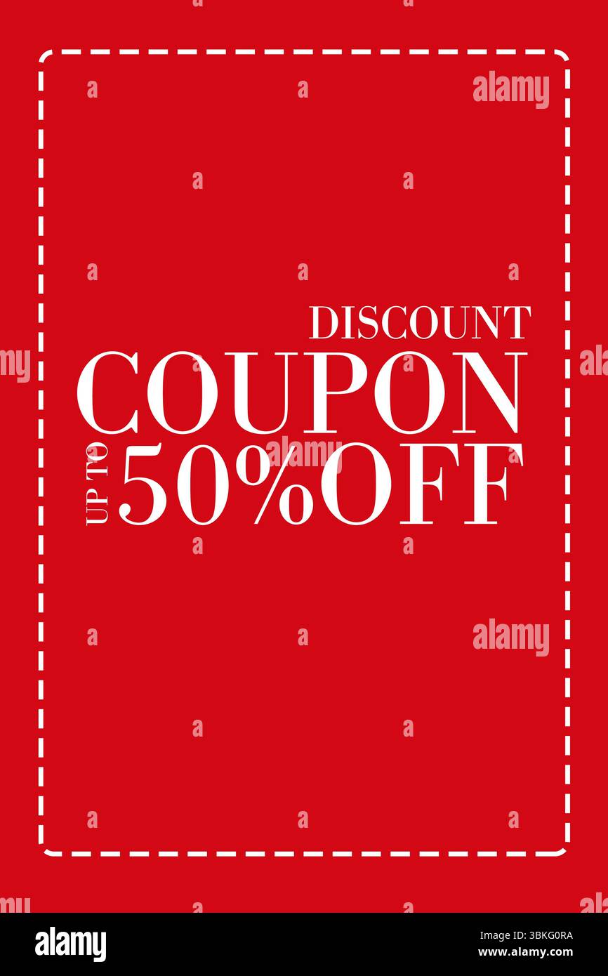 Flat coupon showing red background, white dashed border, bold white ...