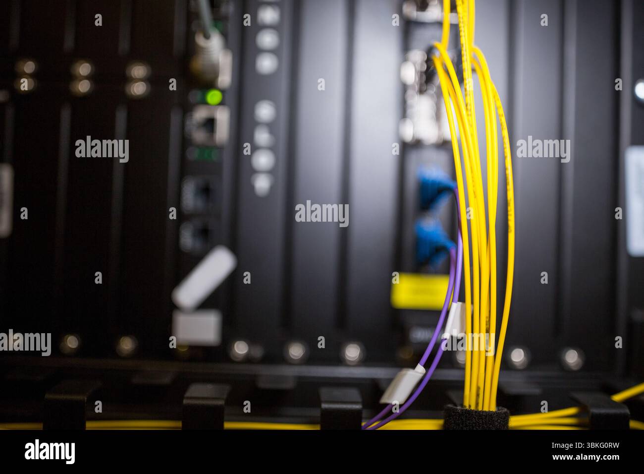 Yellow fiber optic cables are showing in vector network rack ...