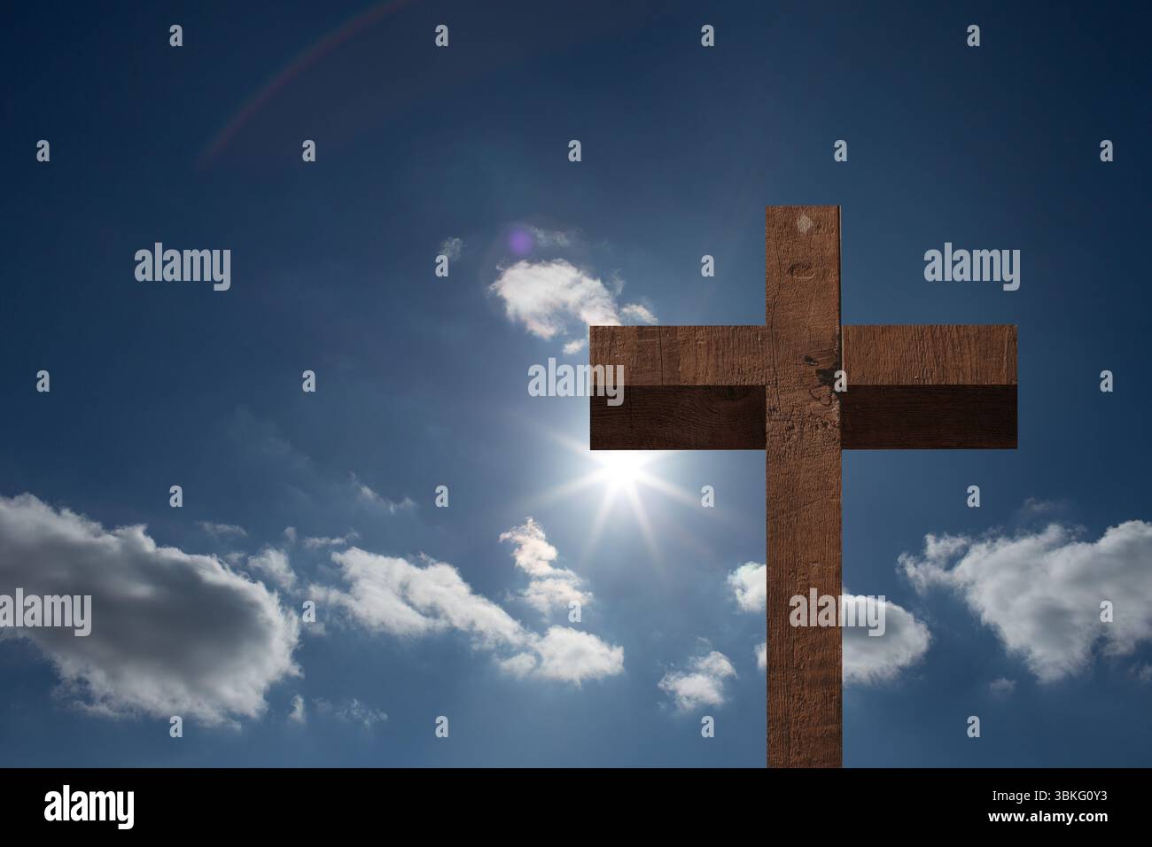 Flat design showing wooden cross standing against blue sky with sun ...