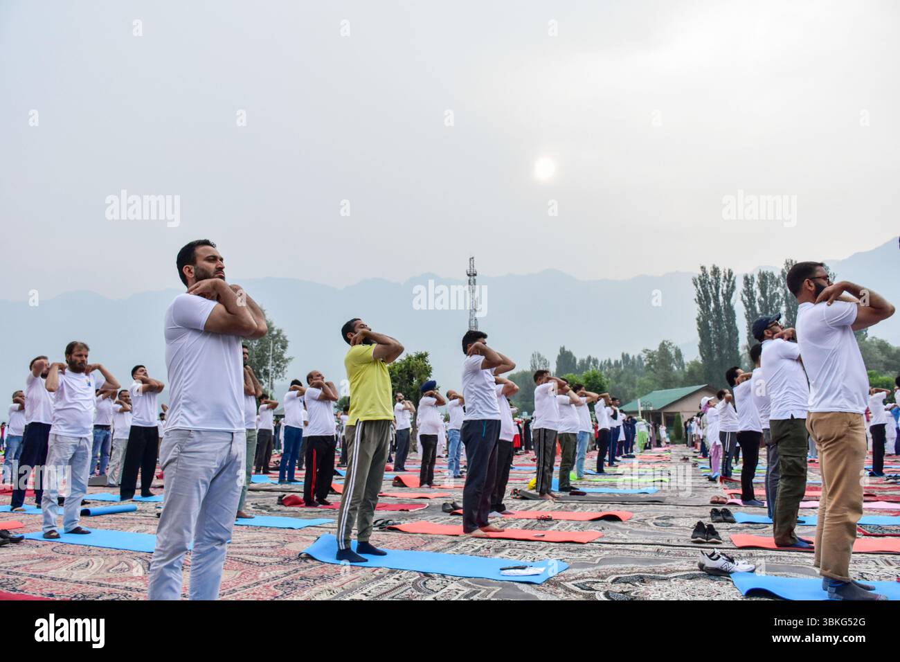 Participants perform yoga during a mass yoga session on International ...
