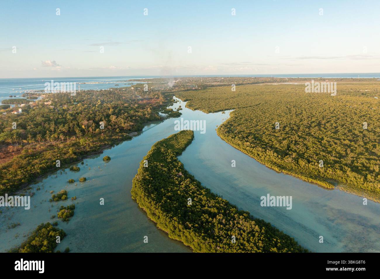 Aerial view of natural patterns formed by mangrove islands and winding ...