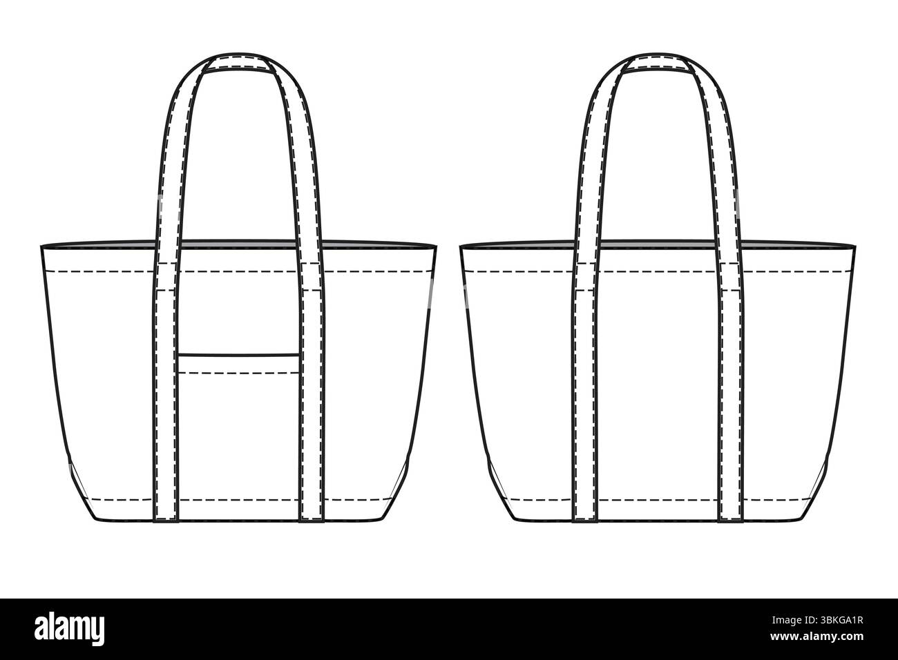 Tote bag front and back view design technical flat sketch vector mockup ...