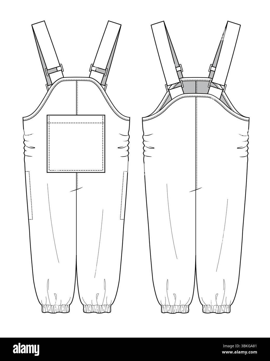 Kids boys overalls front and back view technical flat drawing vector ...