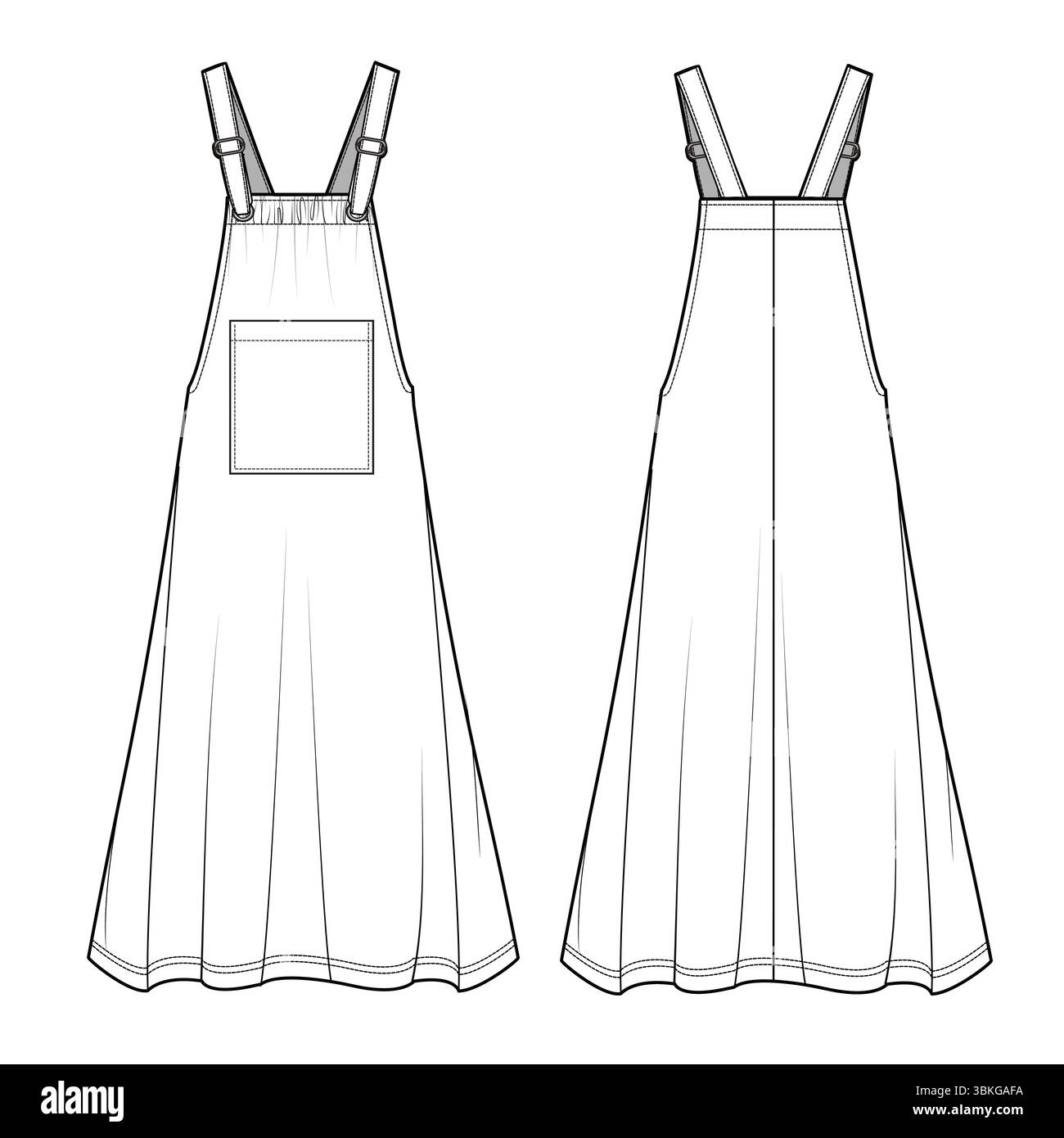 Female pinafore dresses front and back view vector design technical flat drawing by adobe ...