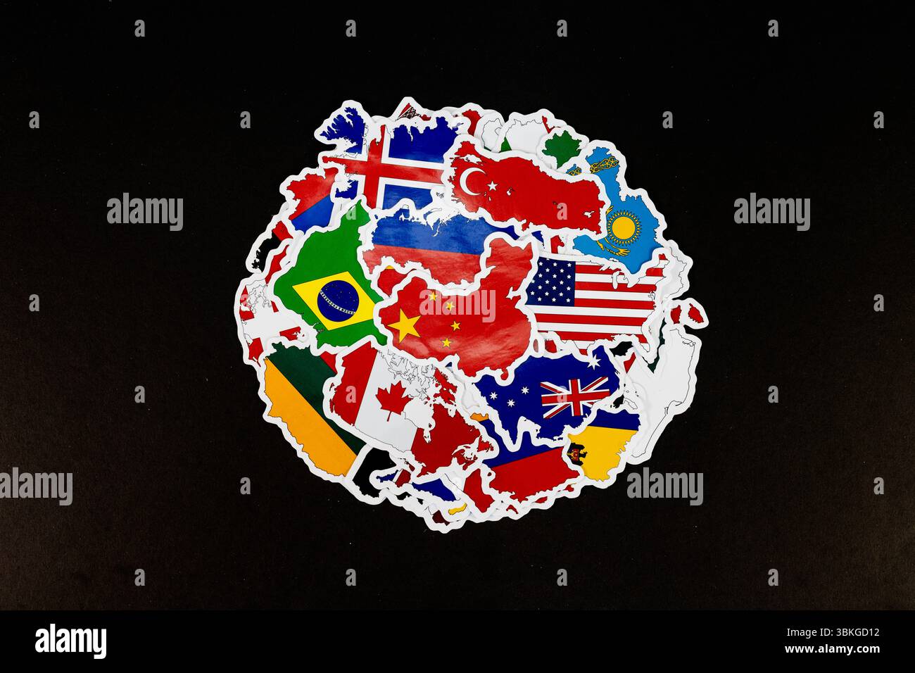 World Map Stickers of Countries with National Flags on Black Background ...